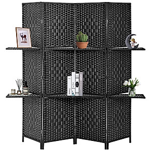 4-Panel Room Diviver Privacy Screen,Wooden Screen Folding Portable Partition Screen with Removable Storage Shelves,Indoor Partition Wall Dividers Freestanding Partition Screens for Home Office(Black)