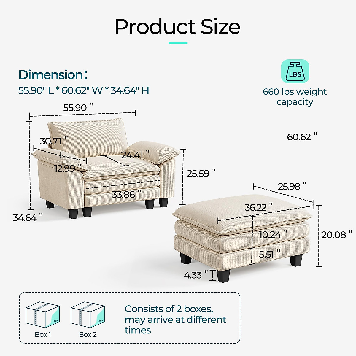 LINSY HOME Sofa Chair with Movable Ottoman - Corduroy Cloud Couch Chair Soft Comfy Modern Sofa Chaise Set Single Sleeper Chair Bed for Living Room Apartment Office (Beige, 1-Seat & 1-Ottoman)
