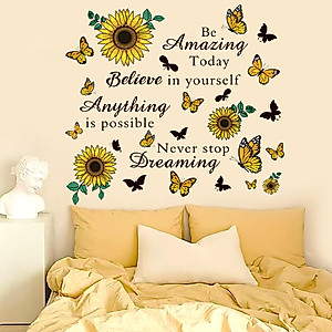 Inspirational Quote Wall Decals Sunflower Wall Stickers Removable Positive Saying Wall Lettering Stickers Peel and Stick for Classroom Home Bedroom Family Office Wall Art Decor