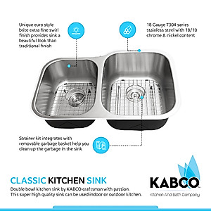KABCO 32 Inch Double Bowl Stainless Steel Classic Kitchen Sink with Sink Strainers, Removable Garbage Baskets and Sink Grids Sound and Heat Proof 18 Gauge Undermount 40/60 Bowl Swirl Finish Sink