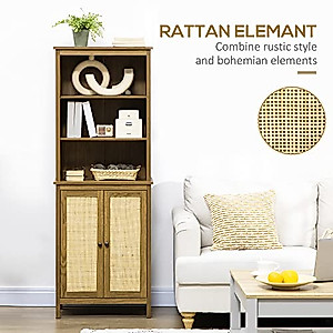HOMCOM Rustic Bookshelf with Cabinet & Rattan, Tall Bookshelf Library, Wooden Bookcase with Doors and Shelves, Study Living Room Home Office, Walnut