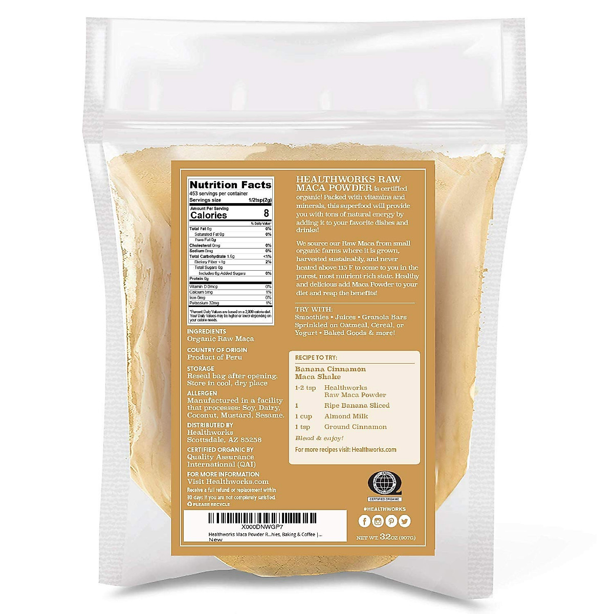Healthworks Maca Powder Raw (32 Ounces / 2 Pounds) | Certified Organic Flour Use | Keto, Vegan & Non-GMO | Premium Peruvian Origin | Breakfast, Smoothies, Baking & Coffee