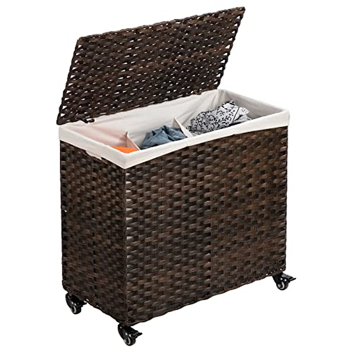 ALIMORDEN Wicker Laundry Hamper with Lid and Wheels 110L Clothes Laundry Basket with Removable Liner Bags Large Hampers for Laundry Organizer 3 Sections for Bedroom Closet Laundry Room Bathroom Brown