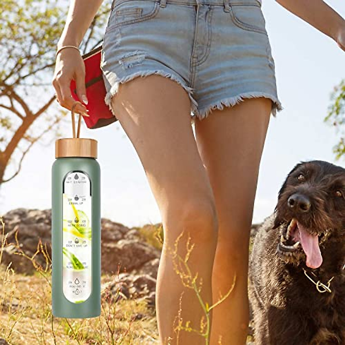 Aqulea 32 Oz Borosilicate Glass Water Bottle with Times to Drink | BPA Free - Reusable Wide Mouth Motivational Water Bottles with Infuser & Silicone Sleeve with Time Marker