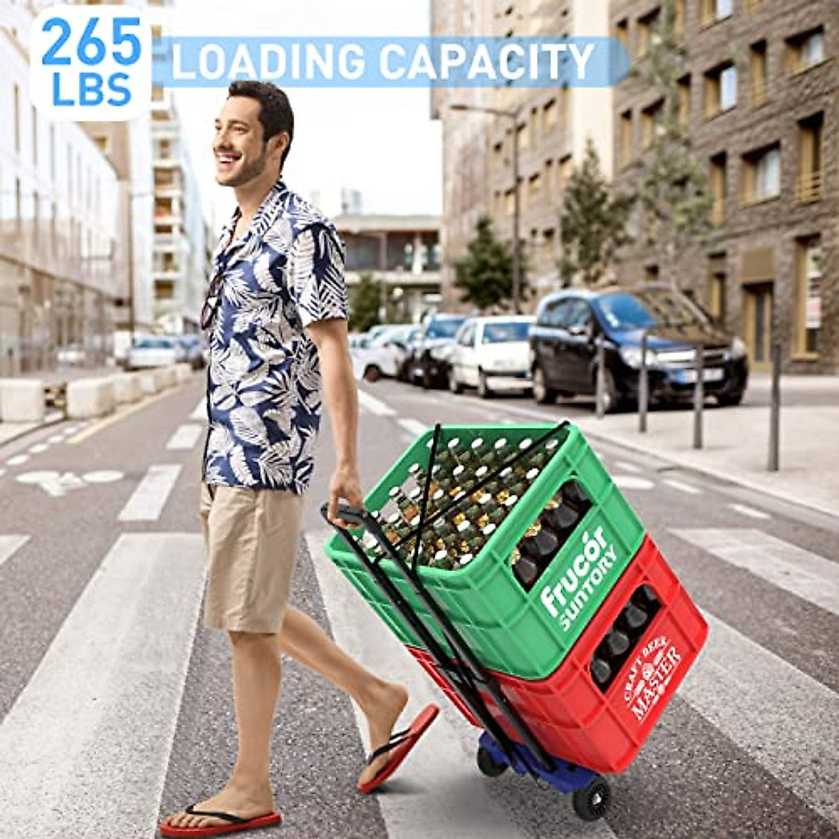 Ronlap Folding Hand Truck, Portable Dolly Cart Foldable Lightweight, 4 Wheels Push Cart Dolly for Moving, 265lbs Heavy Duty Moving Dollys with Wheels, Small Platform Hand Cart with 2 Ropes, Blue