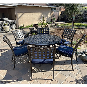 PURPLE LEAF Outdoor Dining Set Cast Aluminum 7-Piece Patio Furniture Set with 6 Dining Armchairs and 47" Round Table, 6 Cushions Included, for Lawn Yard Garden, Lattice Navy Blue Patio Dining Set