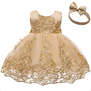 Lace Flower Girls Sequins Bowknot V-Back Tutu Dress for Kids Baby Christening Baptism Communion Birthday Party Dress Toddler Princess Pageant Wedding Bridesmaid Gown with Headwear 002 Gold 0-3 Months