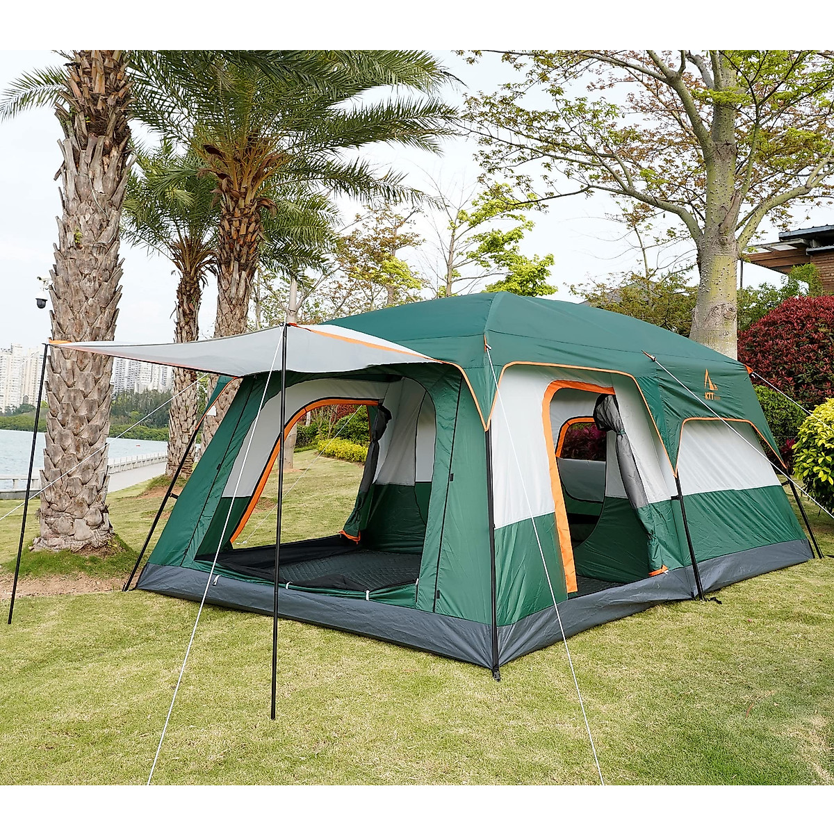 KTT Extra Large Tent 12 Person,Family Cabin Tents,2 Rooms,3 Doors and 3 Windows with Mesh,Straight Wall,Waterproof,Double Layer,Big Tent for Outdoor,Picnic,Camping,Family Gathering(Green)