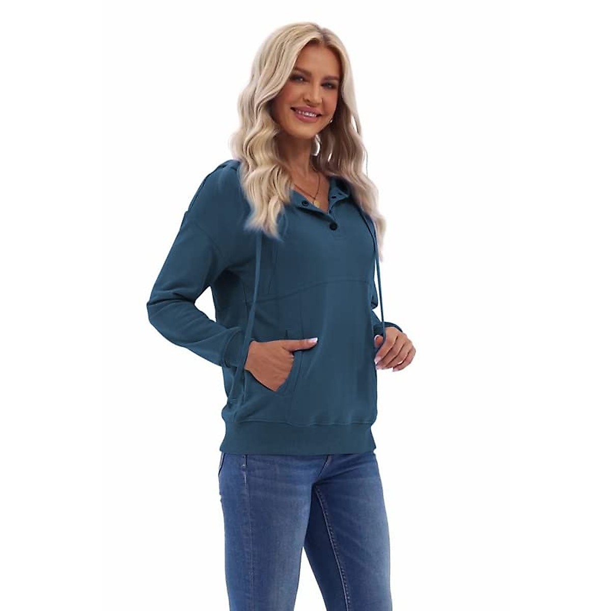 Diukia Women's Casual Button V Neck Solid Color Hooded Sweatshirt 2022 Fall Warm Long Sleeve Hoodie Outwear Fashion Drawstring Pocket Pullover Tops for Ladies Navy Blue S 4-6