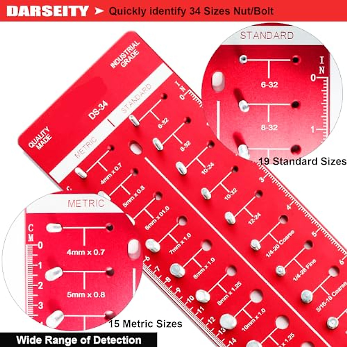 DarSeity DS-34 Nut and Bolt Thread Checker, 15 Metric & 19 Standard Nut & Bolt Size Identifier Gauge, append 8 Drill Gauges, Solid Aluminum Body