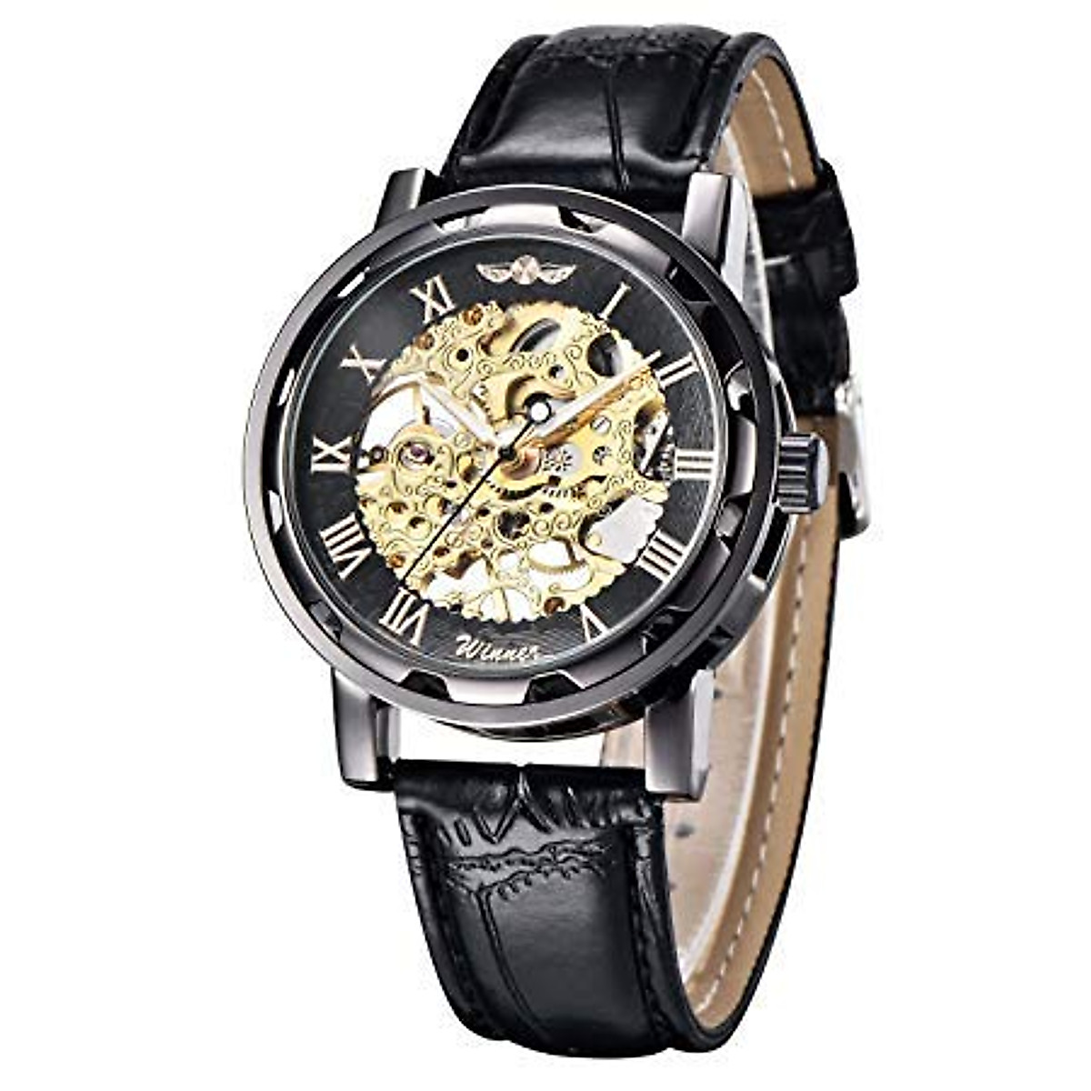Gute Luxury Steampunk Bling Automatic Mechanical Wristwatch Golden Bezel Minimalist Stainless Steel (Black-Gold)