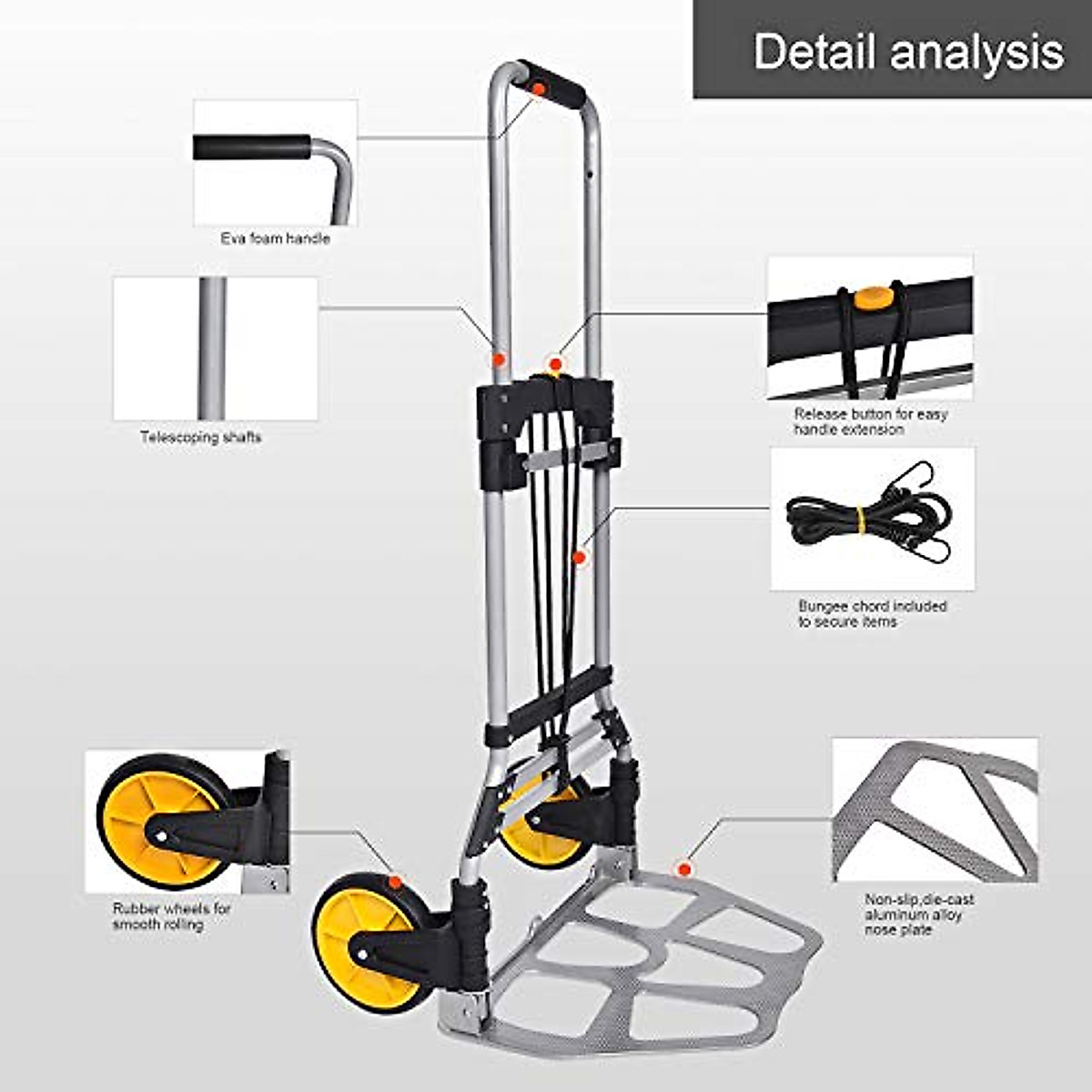 FULLWATT 264 Lb Capacity Folding Hand Truck and Dolly Cart Aluminum Portable Folding Hand Cart with Telescoping Handle and Rubber Wheels