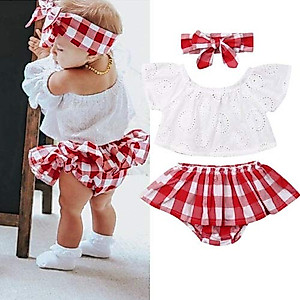 YANGLU Infant Baby Girl Off Shoulder Lace Tops+Plaid Shorts Skirts Tutu Dress Outfits Summer Clothes (White Top+Red Plaid Shorts, 6-12 Months)