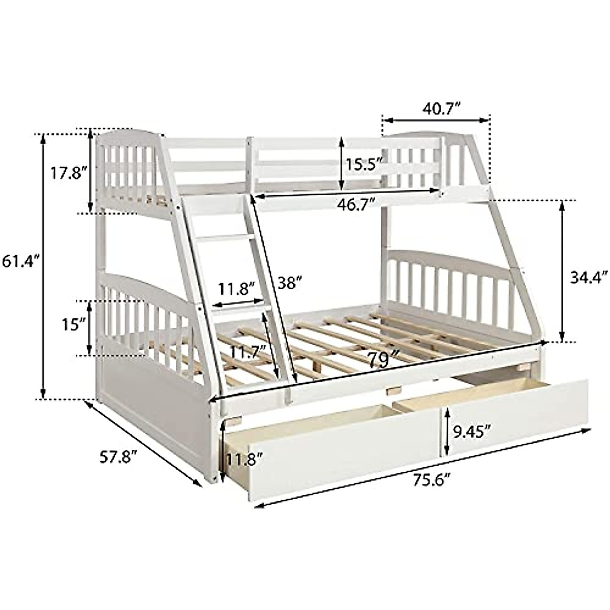 ATH-S Twin Over Twin Bunk Bed for Boys Girls Teens Adults, Solid Wood Bunk Bed Frame with Trundle and Drawers, No Box Spring Needed, White (Color : White with Drawers, Size : Twin Over Full)
