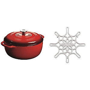 Lodge EC7D43 Enameled Cast Iron Dutch Oven, 7.5-Quart, Island Spice Red & EC8ST13 Enameled Cast Iron, 8 Inch, Oyster Trivet