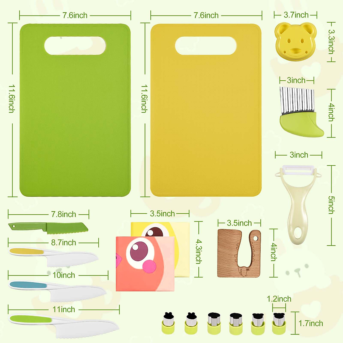 18 Pieces Montessori Kitchen Tools Cookware Baking Toy for Toddlers Kids, Toddler Safe Knife Set for Real Cooking, w/ Cutting Boards, Crinkle Cutter, Peeler, Serrated Edges and Wooden Safe Knives