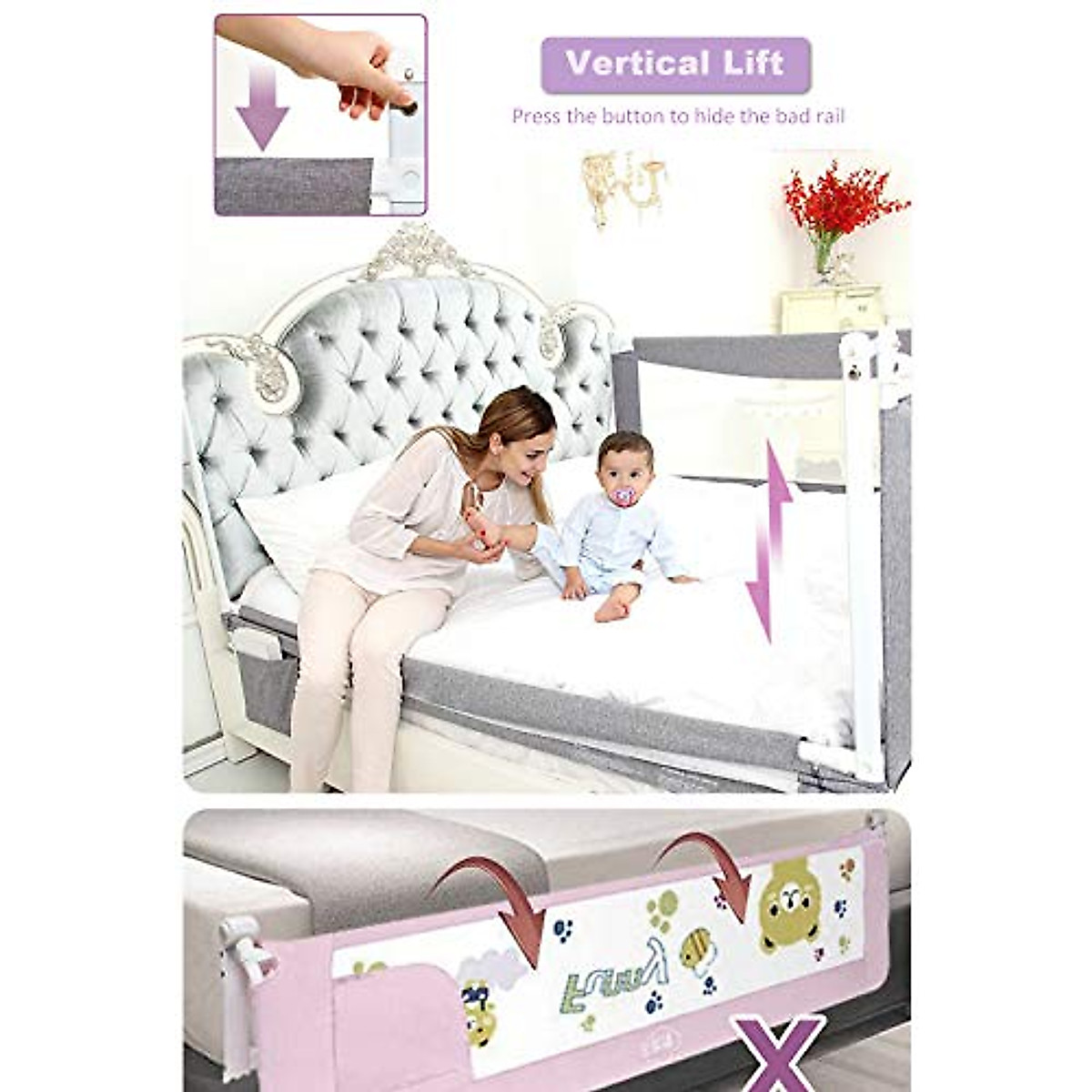 Bed Rails for Toddlers, Extra Long Kids' Bed Rails Guard, Full Size Baby Bedrail for Children, Infants Safety Guardrail, Bed Fence Supports Vertical Lifting, Bed Safety Barrier (80" L x 30” H)