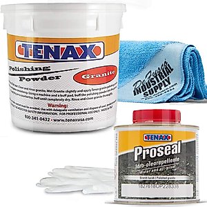 Tenax Granite Polishing Powder 1 kg Tub - Tenax Proseal 250 mL -16x16 Microfiber Cloth - Gloves - BUNDLE - 4 Items