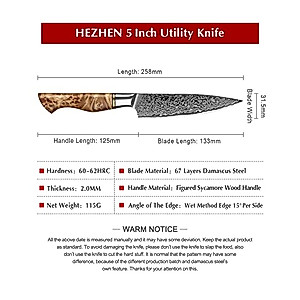 HEZHEN 5 inch Utility Knife with Razor Sharp- Damascus Steel with Rose Pattern Multifunctional VG10 Professional Paring-Fruit knife- Master Series Ergonomic Figured Sycamore Wood Handle