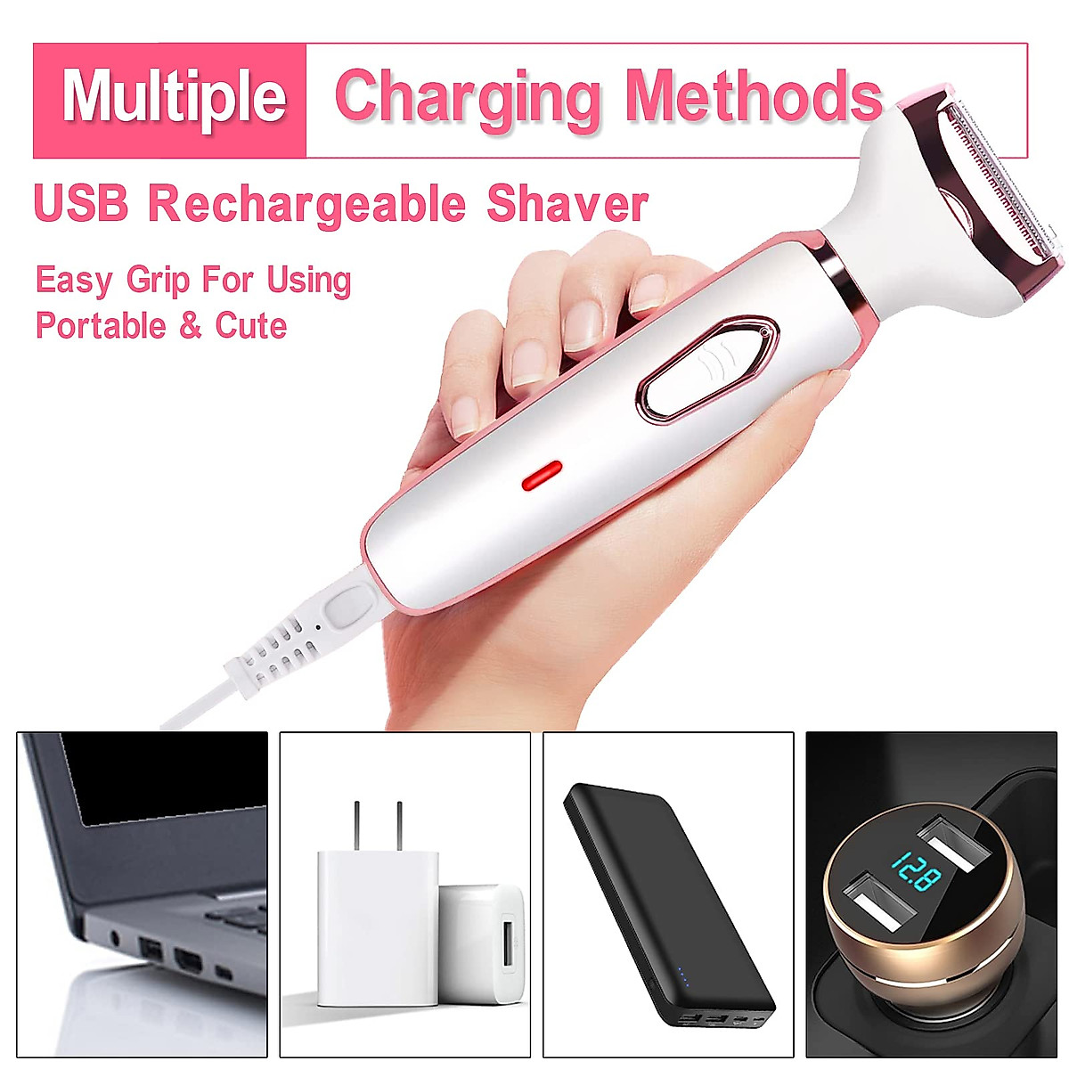 Electric Lady Shaver, Women Razors for Shaving Cordless 4-in-1 Painless Shaver for Women Face, Legs and Underarm, Portable Bikini Trimmer Wet & Dry Hair Removal, Cordless - Micro USB Rechargeable