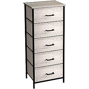 Sorbus Tall Fabric Storage Dresser - Stand Up Tower of 5 Drawers with Steel Frame, Wood Top, & Faux Wood Fabric - Great for Bedroom, Dorm, Closet, Living Room, Entryway - Narrow Nightstand Organizer