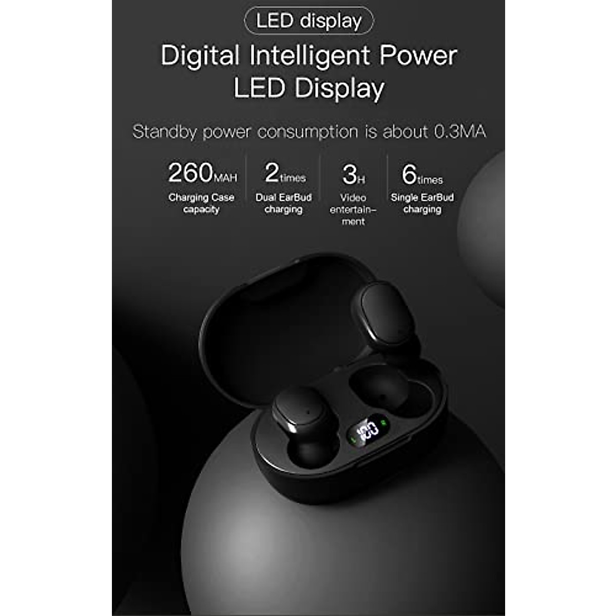 eDealz Fully Wireless Bluetooth 5.0 Rechargeable iPX4 Water & Sweat Proof Earbud Headphones w Microphone, Touch Controls, Smart LCD Charging Case, 3D Stereo Bass and Noise Cancelling (Black)