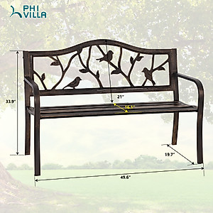 PHI VILLA 50" Patio Garden Bird Bench Steel Frame Park Yard Outdoor Furniture Cast Iron Porch Chair, Bronze