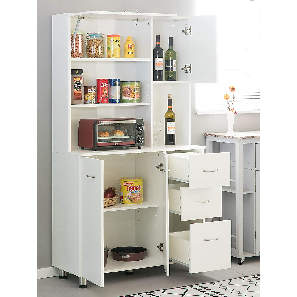 Basicwise Kitchen Pantry Storage Cabinet with Doors and Shelves, White
