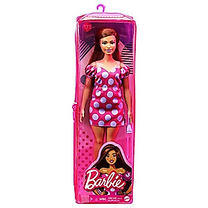 Barbie Fashionistas Doll #171, Curvy, Vitiligo, Long Brunette Hair, Off-shoulder Polka Dot Dress, Purple Purse, White Boots,Toy for Kids 3 to 8 Years Old