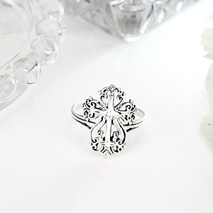 AeraVida Victorian Swirl Cross Hidden Heart Sterling Silver Ring | Elegant Patterned Silver Ring for Women | Vintage Statement Ring Gift | Size (7)