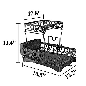 GILLAS Dish Drying Rack, 2 Tier Dish Racks for Kitchen Counter, Kitchen Organization with Large Capacity Dish Drainers & Drainboard, Dish Rack with Utensils & Glass Holder, Black