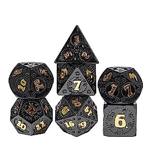 CRITALLIC Metal Dice Set Mechanical Gear Design DND Dice for Dungeons and Dragons, 7PCS Polyhedral D&D Dice with Leather Pouch for Role Playing Games MTG Table Games(Black Golden)