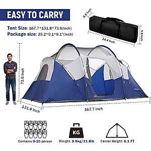 HIKERGARDEN 10 Person Camping Tent - Portable Large Family Tent for Camp, Windproof Fabric Dome Tent Outdoor for Hiking, Backpacking, Traveling (Blue)
