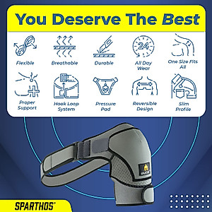 Sparthos Shoulder Brace - Support and Compression Sleeve for Torn Rotator Cuff, AC Joint Pain Relief - Arm Immobilizer Wrap, Ice Pack Pocket, Stability Strap, Dislocated Sholder - for Men and Women