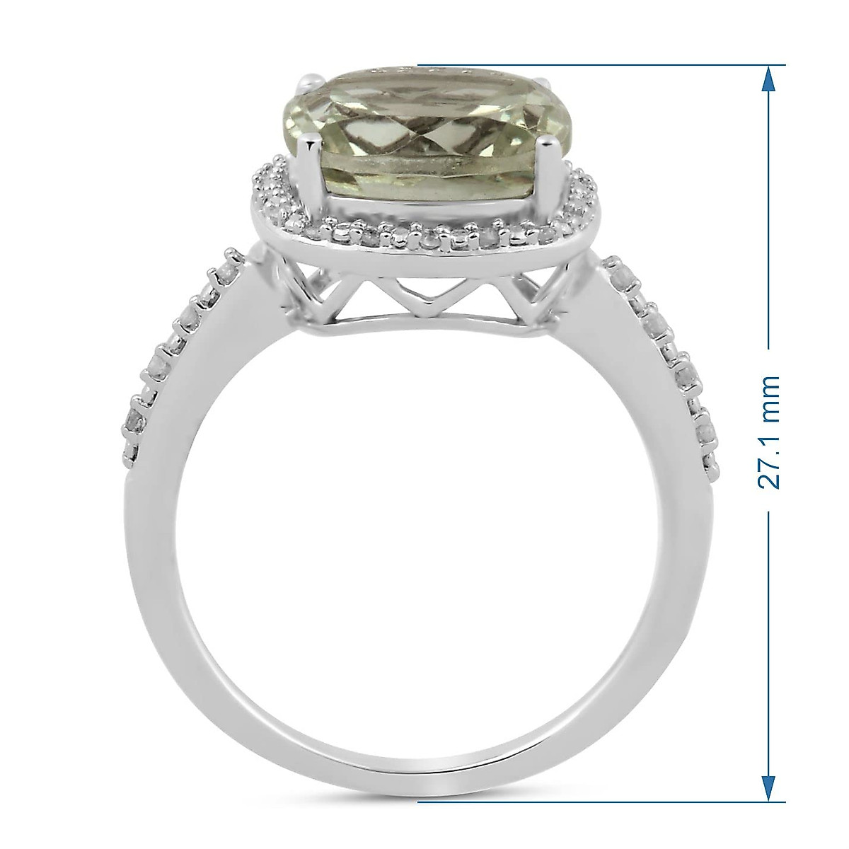 Jewelili Cocktail Ring with Cushion-cut Green Amethyst with White Diamond Halo in Sterling Silver, Size 7