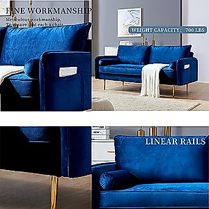 Imbesty 3-Seater Sofa for Small Space，71” Velvet Loveseat Sofa, Mid Century Futon Couch with Golden Metal Legs and Armrest Pocket, Small Couches for Living Room, Bedroom, Apartment (Blue)
