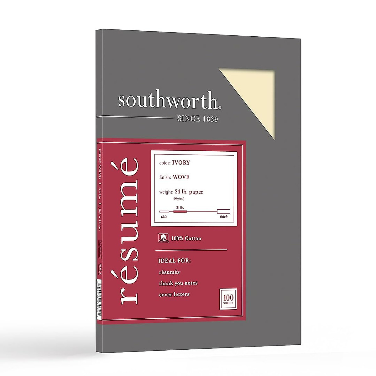 Southworth® 100% Cotton Résumé Paper, 8 1/2" x 11", 24 Lb, 100% Recycled, Ivory, Pack Of 100