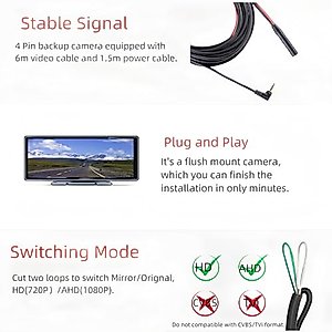 Epronic 4 Pin Backup Camera for Mirror Dash Cam and Carplay Screen Only Support AHD1080P and 720P, 4 Pin to 2.5mm Jack Vehicle Backup Camera Dash Cam Front/Rear View Camera 23 Ft Male Plug