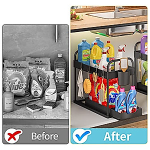 PXRACK 2-Tier Under Sink Organizer, Sliding Under Bathroom Cabinet Storage Drawer Basket Organizer Rack with Hooks, Hanging Cup, Handles, Under Sink Shelf Organizer for Bathroom, Kitchen