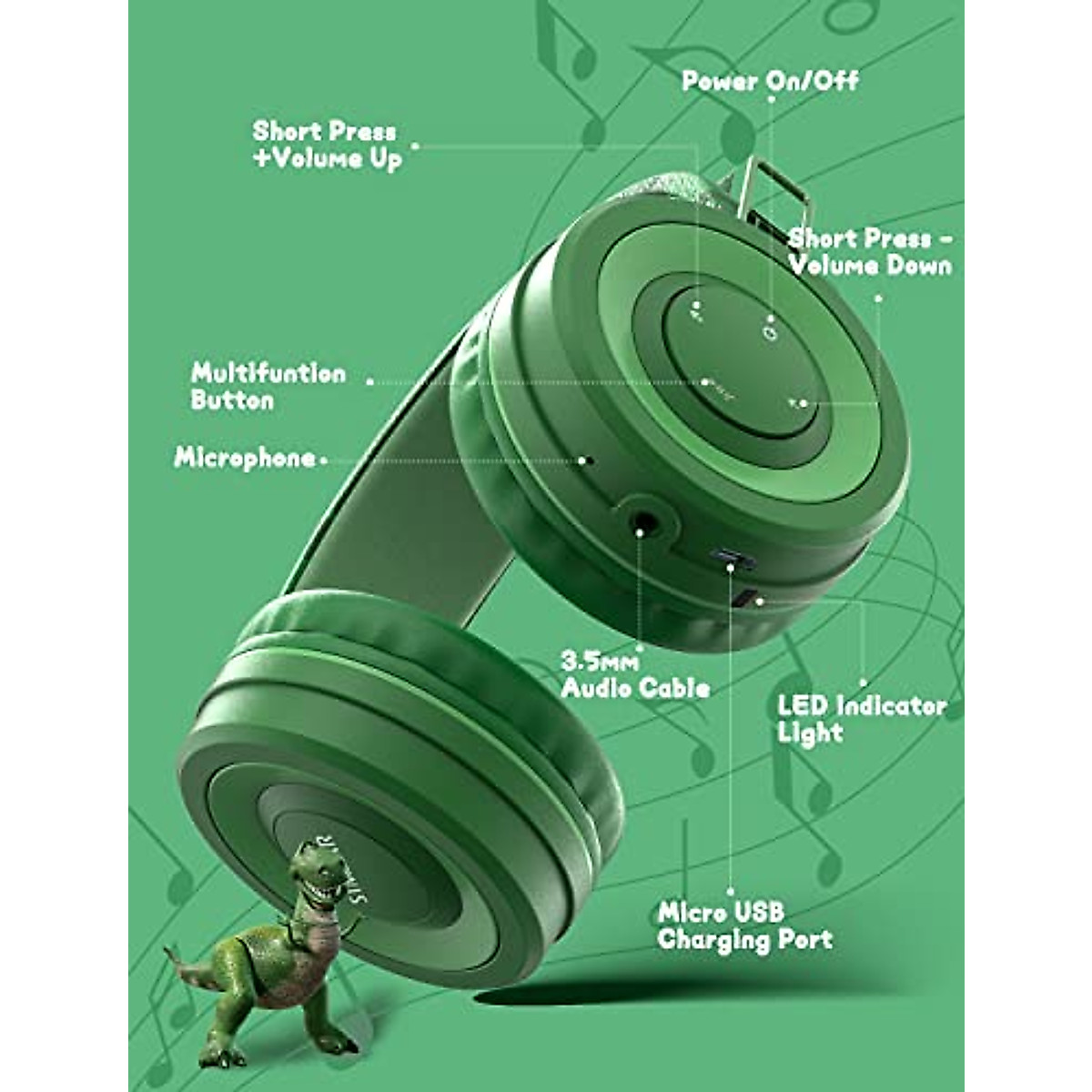 SIMJAR Kids Bluetooth Headphones with Microphone for School, Dinosaur Over-Ear Kids Wireless Headphones with Volume Limiter 94dB, Foldable Adjustable Headband for iPad/Airplane/Travel/Tablet (Green)