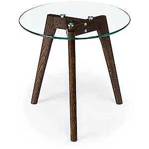 Anzezhong Triskele End Table, Walnut Minimalist Round Coffee Table, Mid Century Side Table with Tempered Glass Top Walnut Wood Legs (Medium)