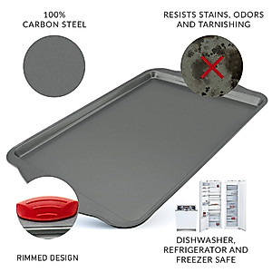 Boxiki Kitchen Non-Stick Baking & Cookie Sheet Pan Non-Toxic 11x14 Inch Rimmed Carbon Steel Baking Sheet. Dent, Warp and Rust Resistant. Heavy Gauge Steel Oven Baking Sheet. 1 Tray.
