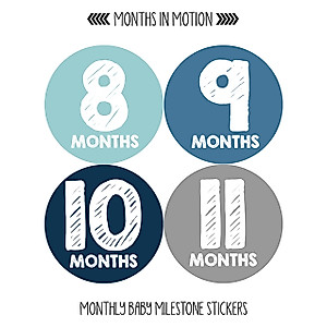 Months in Motion Baby Monthly Stickers - Baby Milestone Stickers - Newborn Boy Stickers - Month Stickers for Baby Boy - Baby Boy Stickers - Newborn Monthly Milestone Stickers - Set of 20