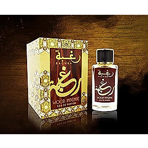 Raghba EDP (Eau De Parfum) I Middle Eastern baked sweets in a spice market scent I Warm, cozy, and smoky Vanilla add a sweet, elegance I Long - lasting and Great Silliage I by Lattafa Perfumes (Raghba Woody Intense)