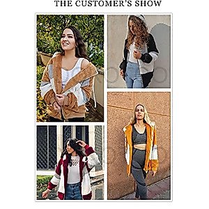 Dokotoo Womens Fashion Color Block Patchwork Winter Fuzzy Warm Fleece Jacket with Hooded Casual Warm Open Front Long Sleeve Cardigans Zipper Coats for Women Outerwear with Pockets Blue X-Large