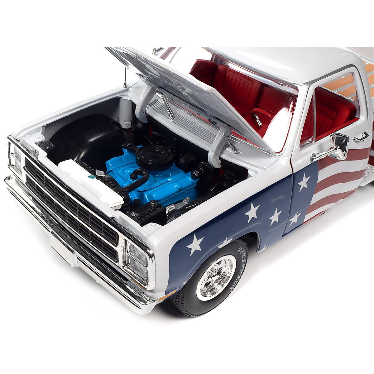 1980 D150 Adventurer Pickup Truck White with American Flag Graphics and Red Interior 1/18 Diecast Model Car by Auto World AW310