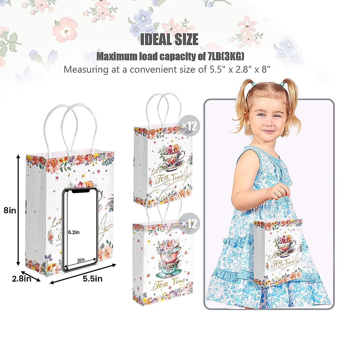 JOHOUSE 24PCS Tea Party Gift Bags, 5.5" x 2.8" x 8" Paper Bags Gift Bags Party Favor Bags Goodie Bags with Handles for Party Gifts Kids