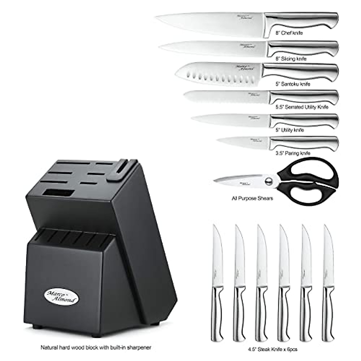Marco Almond KYA28 Japanese High Carbon Stainless Steel Self Sharpening Knife Block Set + KYA59 Titanium Coated Stainless Steel Long Handle Spoons