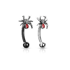 Pierced Owl 16GA Crystal Set Red Bellied Spider 316L Surgical Stainless Steel Cartilage Helix Daith Rook Eyebrow Curved Barbell (Black)