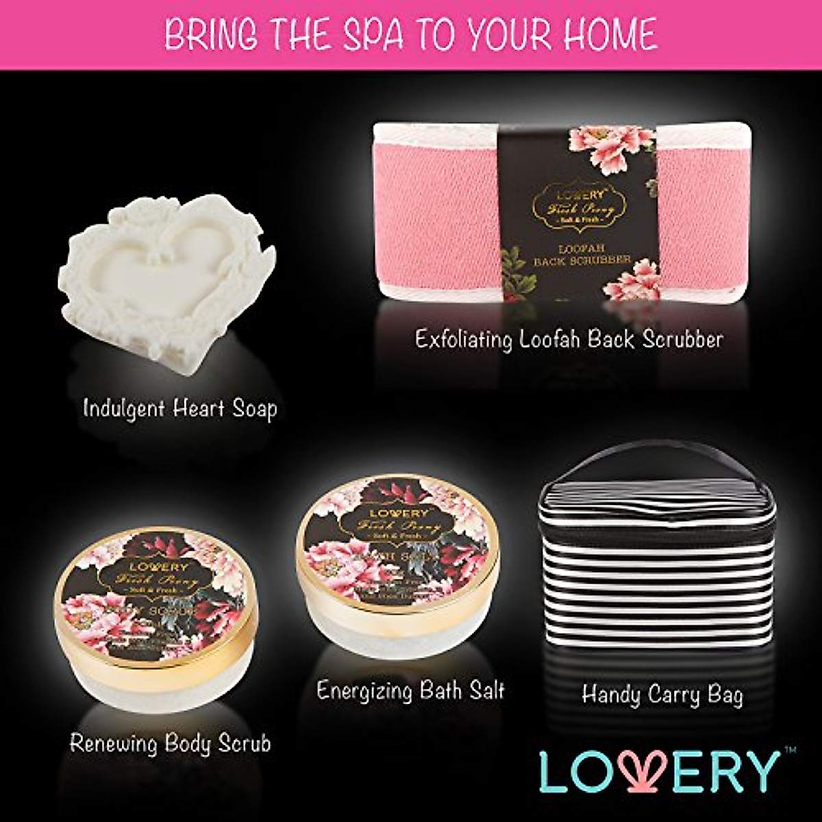 Valentines Day Home Spa Gift Basket, 8pc Bath & Body Set For Women and Men, Fresh Peony Scent - Contains Shower Gel, Bubble Bath, Lotion, Bath Salt, Body Scrub, Bath Soap, Back Scrubber & Cosmetic Bag